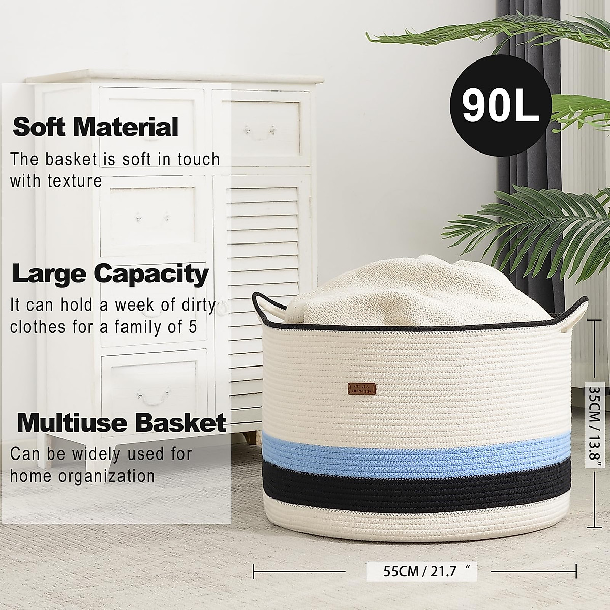 Laundry Basket,Blanket Basket for Living Room 22" x 22" x 14" Extra Large Canvas Storage Bin and Large Toy Basket for Kids,Toy Storage Basket with Handle,Woven Cotton Rope Basket for Organizing