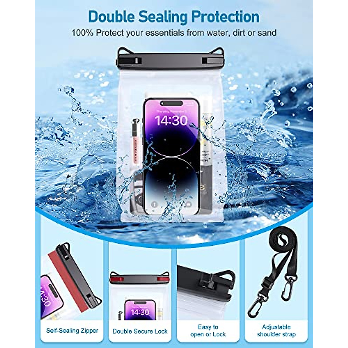 Large Waterproof Phone Pouch, Floating Dry Bag for iPhone 14 13 12 Pro Max Galaxy S22 S21 Large Capacity Waterproof Bag Sunscreen Glasses Storage Universal Dry Pouch for Swimming Rafting Boating