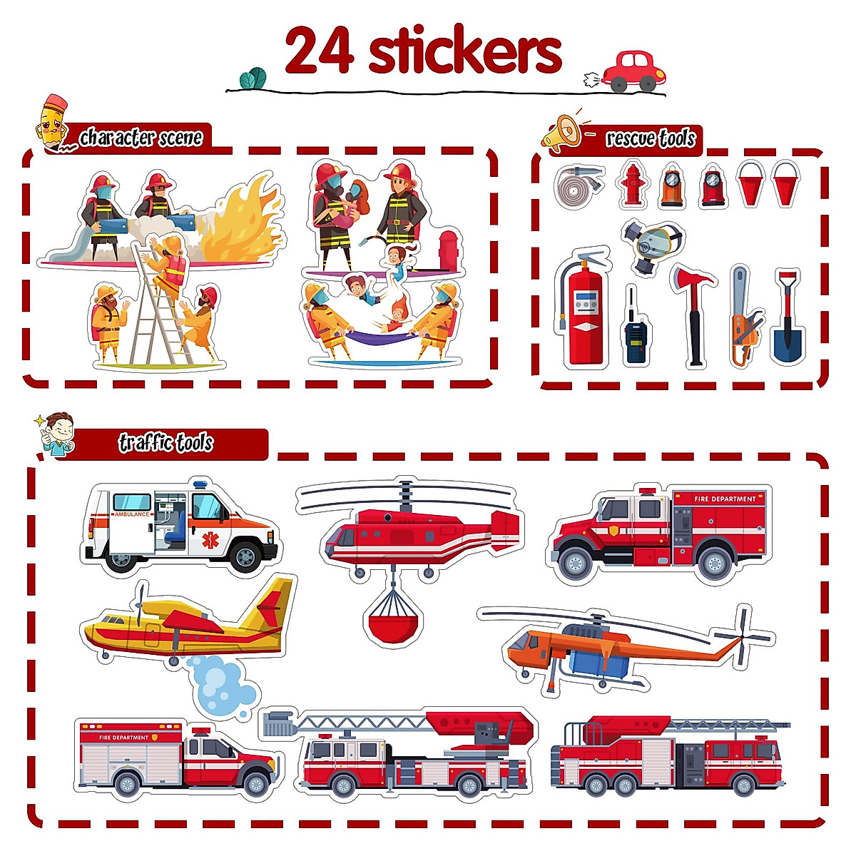 Oriate Fire Truck Vehicle Toys with Flatbed Trailer & Various Traffic Road Signs, Diecast Firetruck for 3 4 5 6 7 Year Old Boys - Ambulance, Helicopter, 24PCS Fire Rescue Theme Stickers