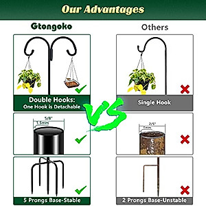Gtongoko 92 Inch 2 Pack Adjustable Double Shepherd Hook for Outdoor with 5 Prong Base, 5/8 Inch Thick Heavy Duty Bird Feeder Pole for Bird Feeder Lanterns Weddings Decor