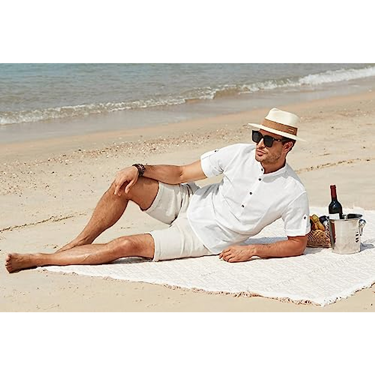 JMIERR Mens Casual Cotton Linen Texture Henley Shirt Short Sleeve Button Down Shirt Summer Beach Tropical Cruise Shirts US 43(L) White
