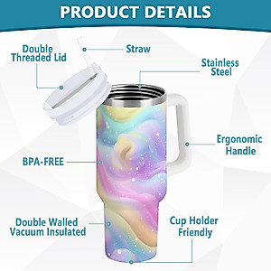 KEEPREAL 30 oz Rainbow Ice Cream Swirl Tumbler with Handle, Insulated Sports Water Bottle with Lid and Straw, Thermal Stainless Steel Travel Coffee Mug Cup #171