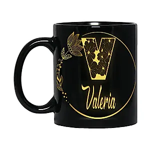 Coffee Mug Personalized Valeria Name & Initial Letter Monogram Floral Alphabet Mug Golden Flowers Custom Black Coffee Cup, Gift for Her Mom Coworker Sister, Wife, Girl 11oz Black Mug 792227