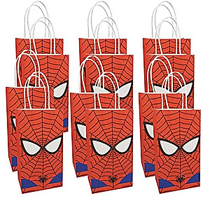 NiceLife 12 Pieces Spider Web Printed Kraft Paper Goodie Gift Bags with Handle for Kids Superhero Themed Birthday Party Decorations