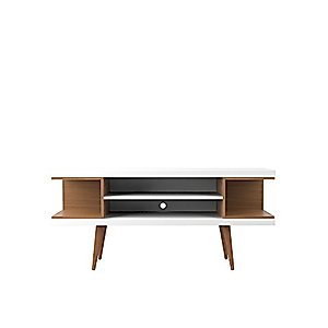 Manhattan Comfort Utopia Collection Mid Century Modern TV Stand With Open 3 Open Shelves and Two Open Cubbies, White/Wood