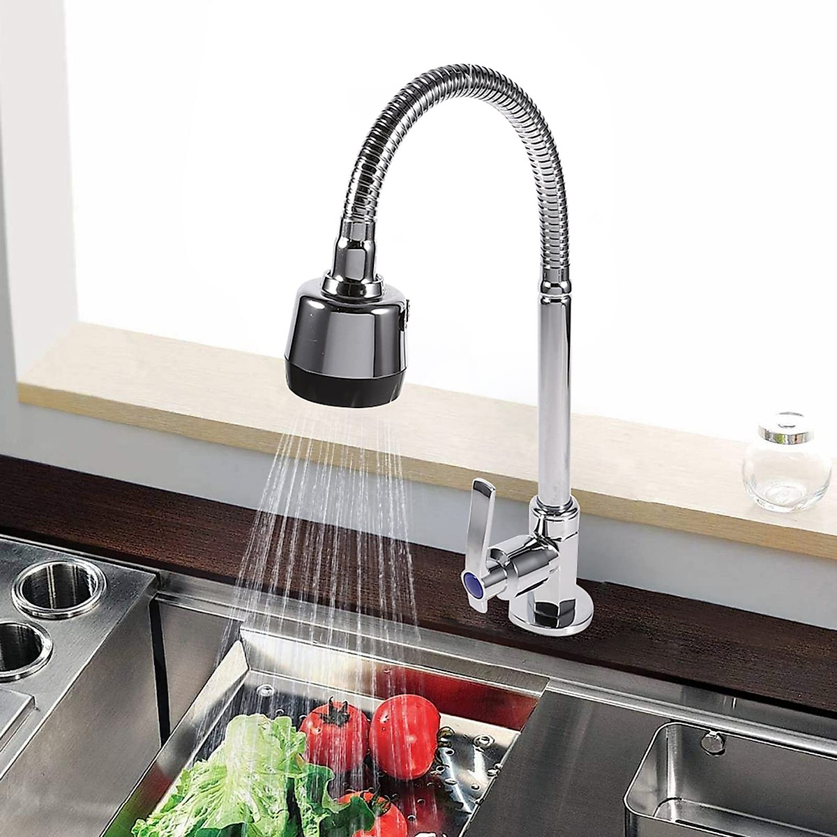 Zinc Alloy Swivel Spout Single, Brush Plate White Cake Icing Turntable Handle Sink Kitchen Faucet Pull Down Spray Cold Water Tap