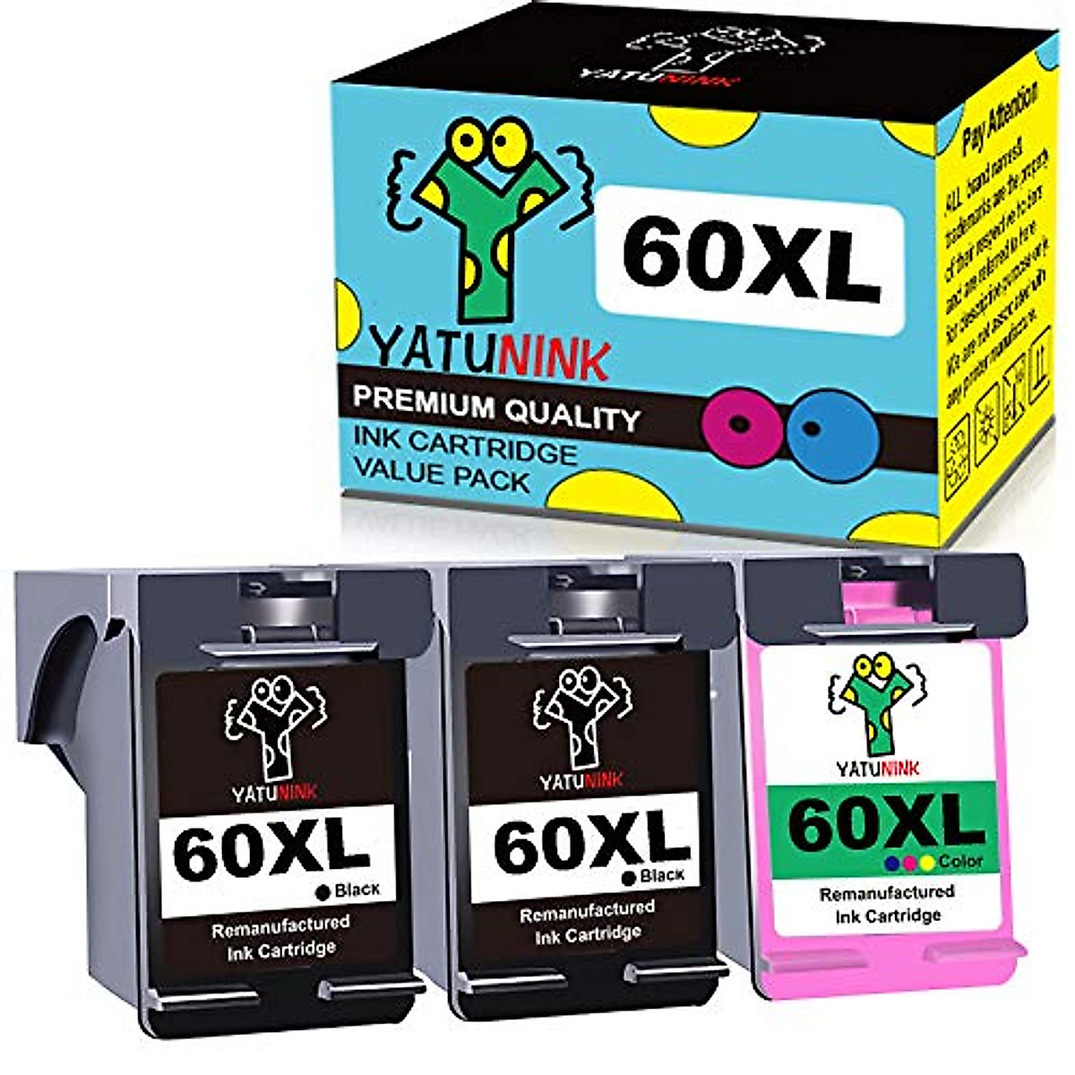 YATUNINK Remanufactured Ink Cartridge Replacement for HP 60 XL 60XL for DeskJet F4480 F4280 F4580 D2530 D2545 D2680 PhotoSmart C4780 C4795 C4680 C4650 D110 D110a Envy 100 111 (2Black, 1Color)