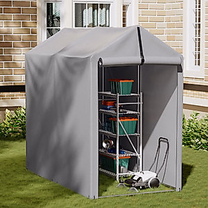 Greesum Outdoor Storage Shed 3 x 6 ft Canopy Portable Shelter Heavy Duty Carport with Roll-up Zipper Door for Bike, Motorcycle, Garden Storage, Waterproof and UV Resistant, Silver
