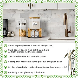 Belle Parc Glass Rice Dispenser 10 lbs, with Airtight Lid & Labels & Slider mat. Make your glass rice container Glass AND Bamboo rice container! Best 5L capacity grain dispenser and rice holder