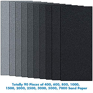 Anezus 90Pieces Sandpaper Assortment 400 to 3000 5000 7000 Grit Wet Dry Fine Sand Paper Assortment for Automotive Sanding Car Painting Wood Furniture Finishing