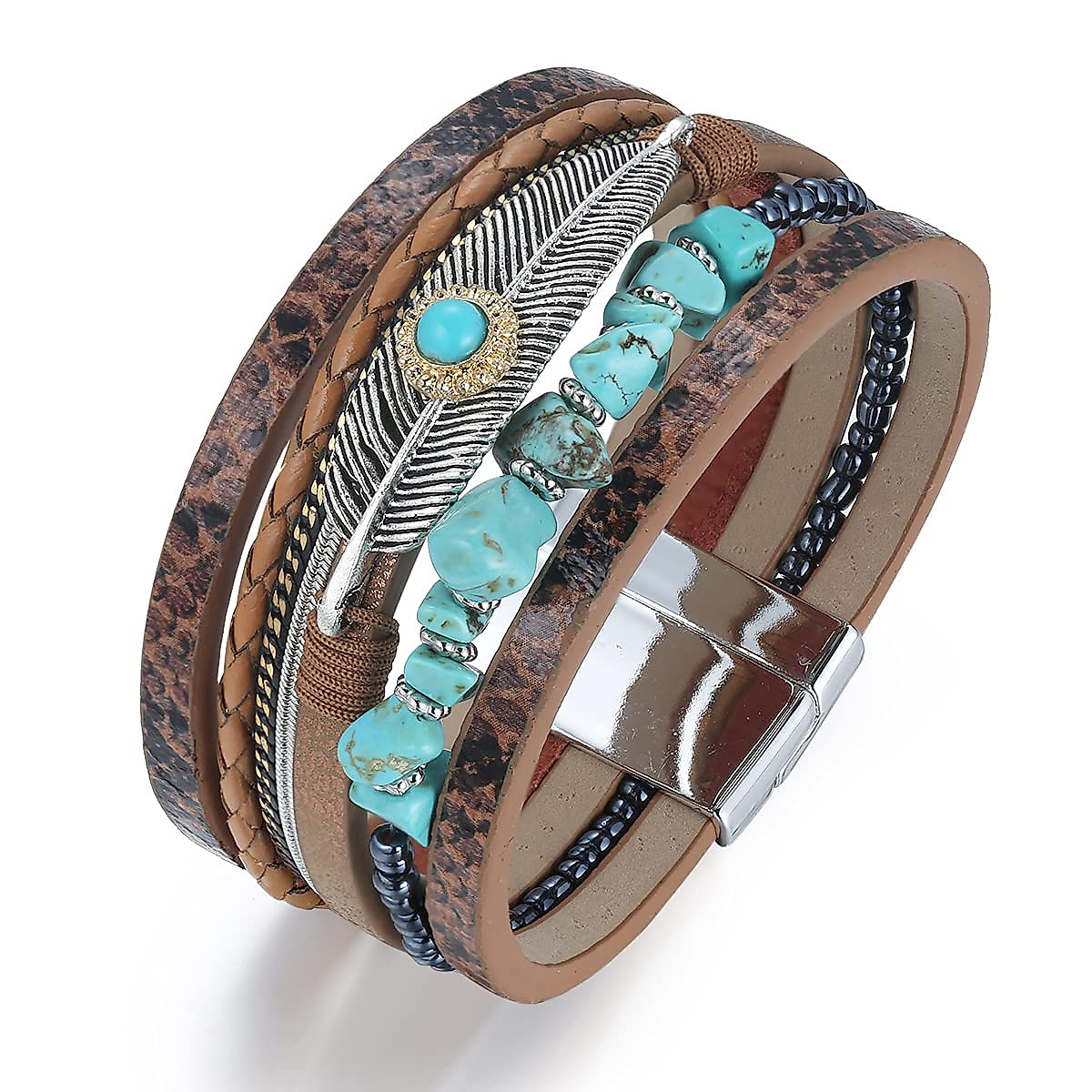 AZORA Turquoise Stone Leather Wrap Bracelet Feather Cuff Bracelets Bohemian Woven Bracelet for Women Gift Brown