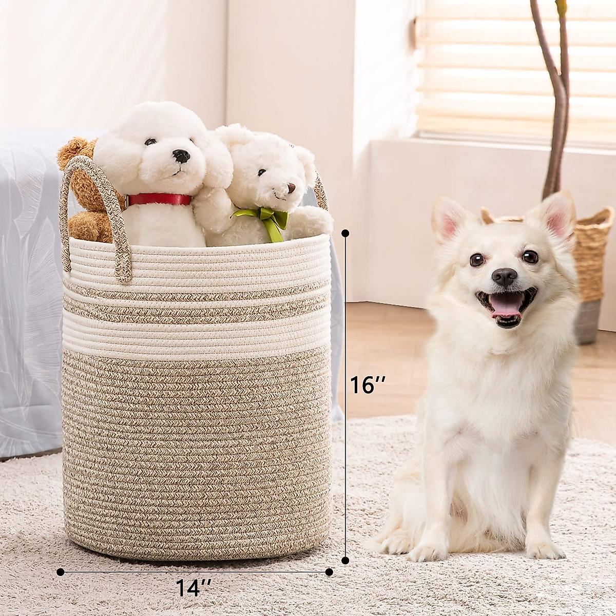 YOUDENOVA Woven Rope Laundry Hamper with Handles, 41L Laundry Basket for Blanket Storage, Heavy Duty Clothes Hamper for Bedroom-16 x 14 x 14 Inches-Brown