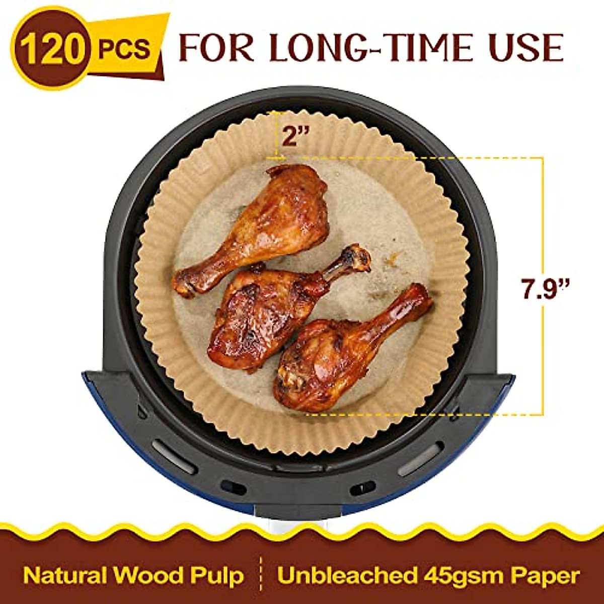 120 Pcs Air Fryer Disposable Paper Liner, 7.9-inch Liners for Air Fryer [ Fit 5-8 QT ], Non-stick Parchment Paper for Frying, Baking, Cooking, Roasting and Microwave - Unbleached, Oil-proof