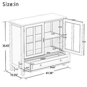 Knocbel Modern Storage Cabinet with Metal Handles, Double Glass Doors, Compartments and Drawer, Buffet Sideboard for Kitchen Dining Room Hallway Entryway, 41.4" L x 15.5" W x 35.4" H (White)