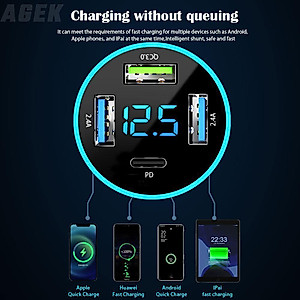 AGEK Car Charger, 4 Port USB C Car Adapter, PD 3.0 & QC 3.0 Fast Charging, Voltage Display, LED Atmosphere Light, Wide Compatibility for iPhone, Samsung, iPad & Tablets