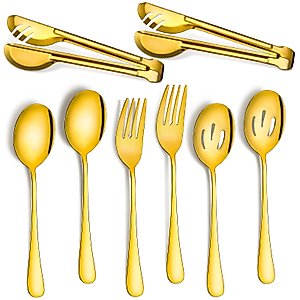 Patelai Stainless Steel Serving Utensils Large Serving Spoon Set 9.45 Inch Metal Tongs 9 Inch Serving Forks 8.7 Inch Slotted Spoons and Serving Spoon Kitchen Wedding Party(Gold, 8 Pieces)