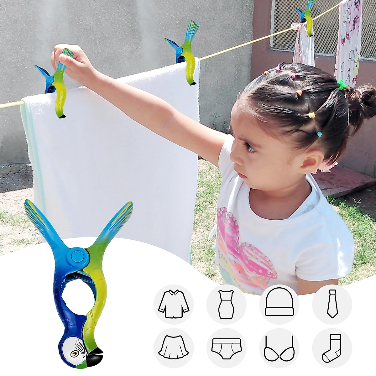 Beach Towel Clips for Chair Secure Clips for Beach Chairs Jumbo Size Plastic Clothes Pegs for Pool Lounger (4Pcs Flamingo and 4Pcs Parrot)