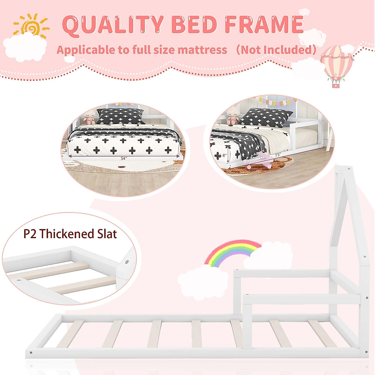 Floor Bed for Kids, Full Size Montessori Bed with House Shape Headboard and Railings, Wood House Bed with Slats for Boys Girls, Low to Ground Height, No Box Spring Needed, White
