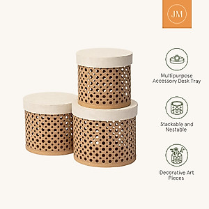 LA JOLIE MUSE Decorative Round Storage Boxes Set of 3, Polka Dot Cutout Baskets with Lids, Desktop Storage Organizer, Gift Baskets with Linen Paper Lids, Brown Baskets, Beige Lids
