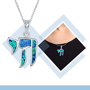 Beaux Bijoux Sterling Silver Created Blue Opal Hebrew Chai (Life) Pendant with 18" Chain
