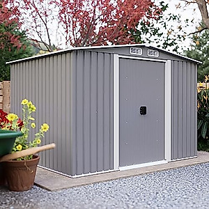 Goohome 8x6 FT Sheds & Outdoor Storage, Sturdy Metal Galvanized Steel Garden Storage Shed W/Lockable Sliding Doors, Built-in-Handles, 4 Air Vents, Waterproof Spacious Utility Tool Storage Bike Shed