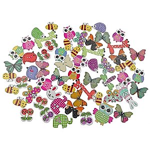 Kinteshun Wooden Buttons Natural Wood 2-Holed Fastener Buttons for Sewing Knitting Handcraft(100pcs,Assorted Cartoon Animals Printing Patterns)