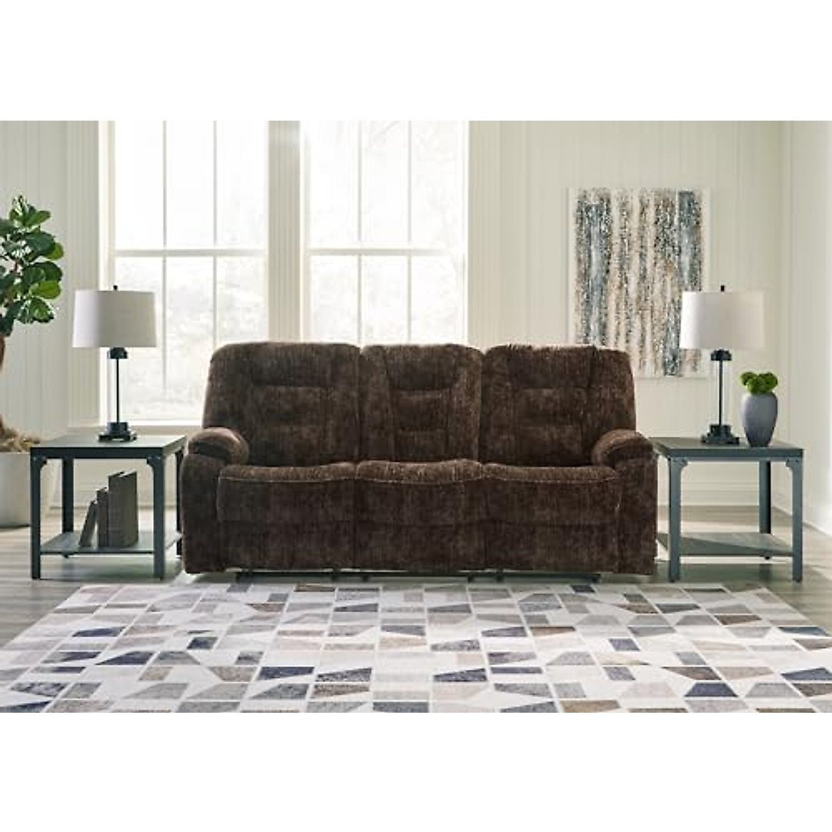 Signature Design by Ashley Soundwave Contemporary Manual Reclining Sofa with Drop Down Table, USB Ports and Cup Holders, Dark Brown
