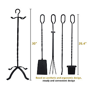 yinat Fireplace Tools Set, 5 Pieces of Fire Pit Tools,Firewood Holder Tools Kit Sets with Handles,Outdoor Accessories Kit,Black,Wrought Iron