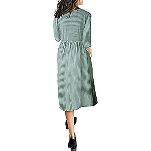MEROKEETY Women's Short Sleeve Striped High Waist T Shirt Midi Dress with Pockets, Olive, Medium