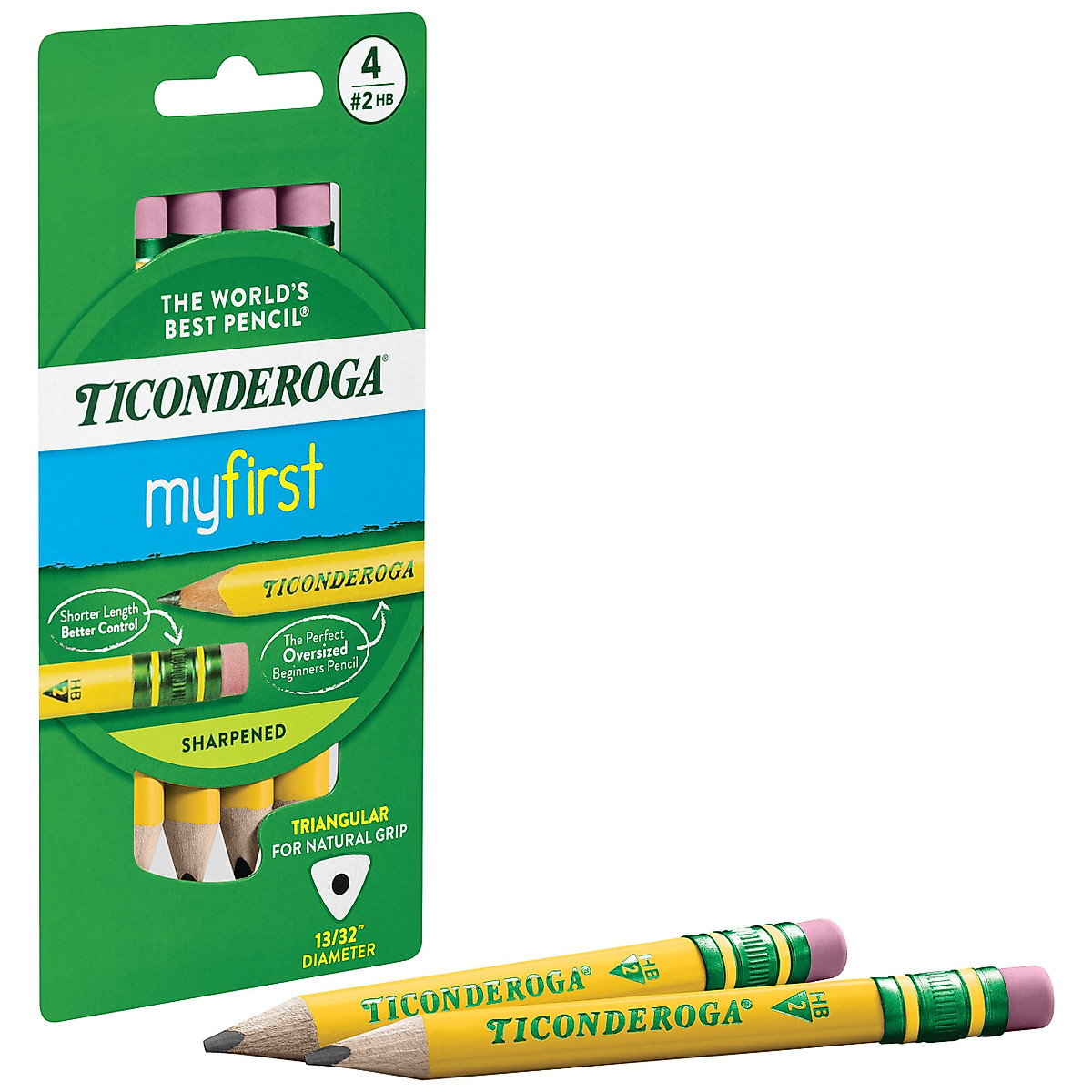 Ticonderoga My First Short Triangular Wood-Cased Pencils, 2 HB Soft, With Erasers, Yellow, 4 Count