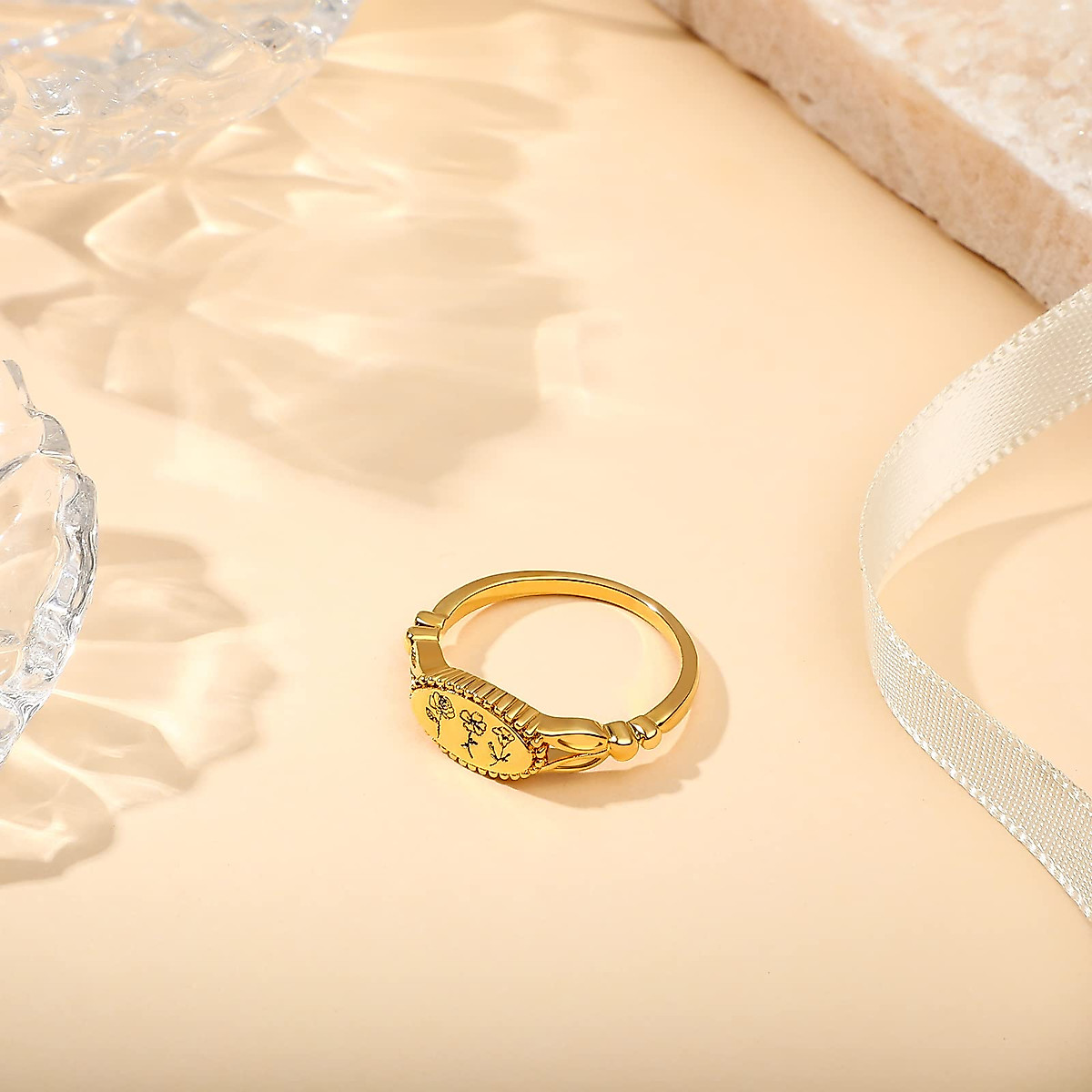 Drawelry Personalized Vintage Birth Flower Ring Sterling Silver Engraved Iris, Water Lily, Metal, not known