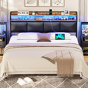 MSmask Upholstered King Headboard with Charging Station and LED Light, Black PU Tufted King Size Headboard Only with 2 Tiers Storage Shelves, Height Adjustable Bed Headboard, Rustic Brown