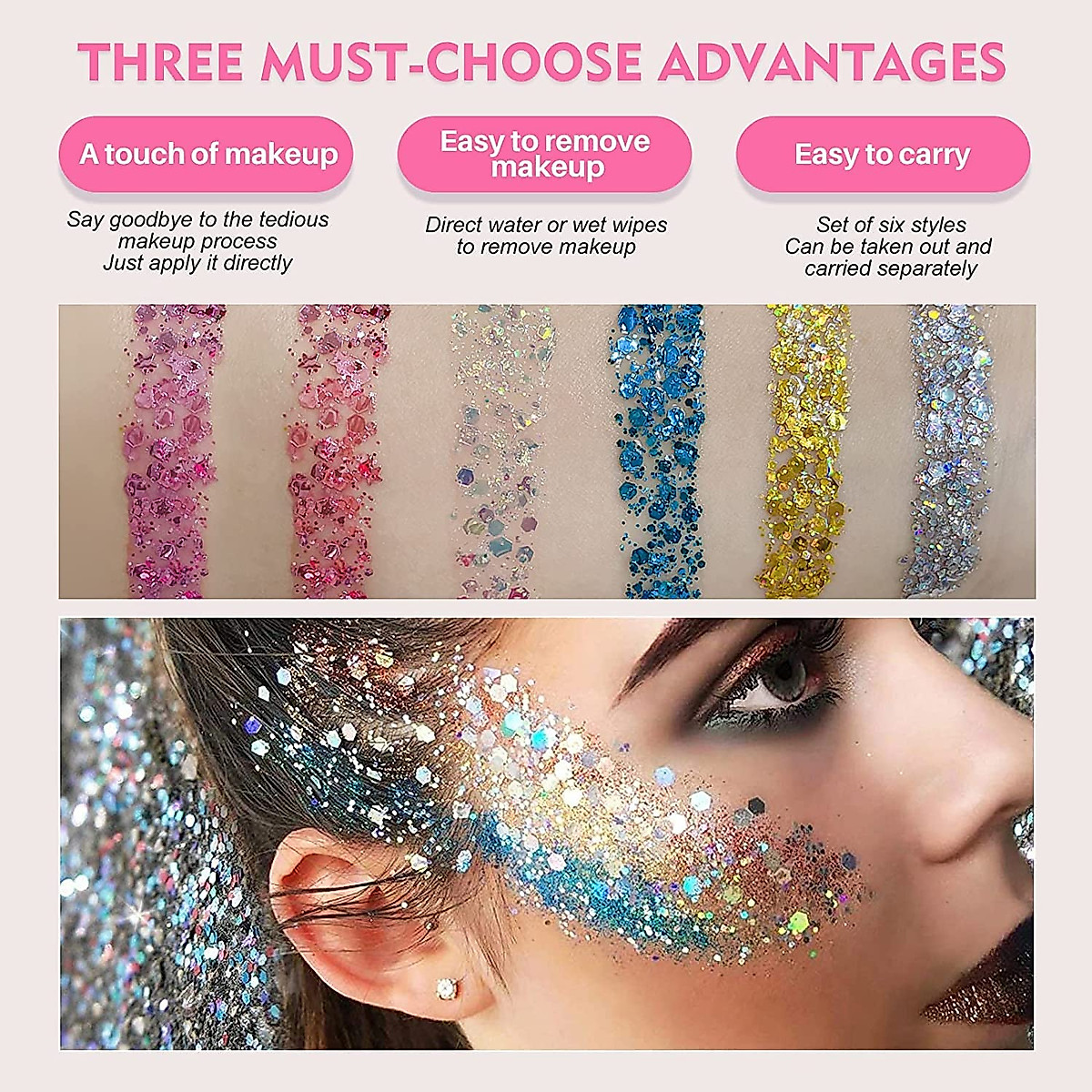 Beteligir 6pcs Face Body Glitter, Concert Glitter Gel, Face Eye Hair Music Festival Rave Accessories Makeup,Sparkling Body Glitter Gel for Women