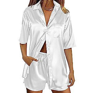SWOMOG Womens Silk Pjs 2 Piece Satin Pajama Sets Short Sleeve Loungewear Button Down Shirts Lounge Set Outfits With Pockets A-white