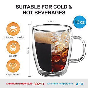 YUNCANG Double Wall Glass Coffee mugs, (4-Pcak) 16 Ounces-Clear Glass Coffee Cups with Handle,Insulated Coffee Glass,Cappuccino Cups,Tea Cups,Latte Cups,Beverage Glasses Heat Resistant
