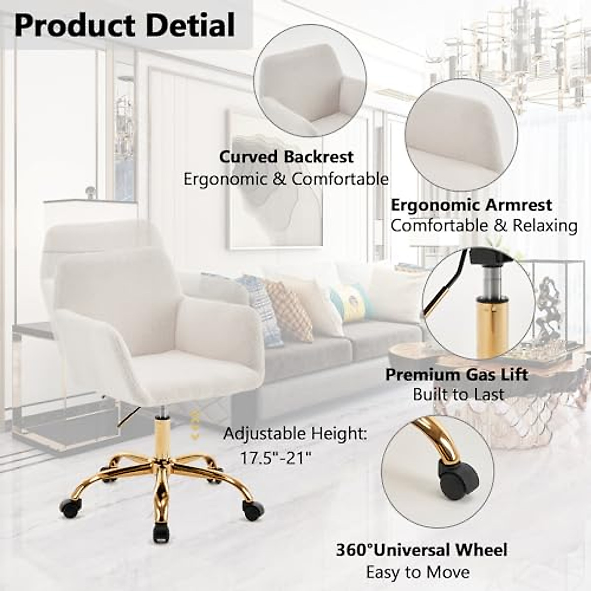 Modern Teddy Home Office Chair, Upholstered Cute Desk Chair with Gold Metal Legs, Adjustable Swivel Task Chair with Wheels, Vanity Chair for Girls Women Small Space Bedroom Study Makeup, White