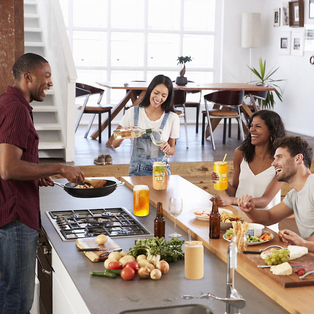 Sublimation Glass Blanks With Bamboo Lid, 16OZ Frosted Sublimation Beer Can Glass with Glass Straws Present Box Mason Jar Cups (8 PACK, Frosted)