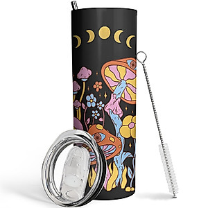 thmasamwr Mushroom Skinny Tumbler With Straw and Lid, Stainless Steel 20oz Coffee Travel Mug, Cute Moon and Mushroom Cups for Mushroom Lovers Gifts for Women and Girls