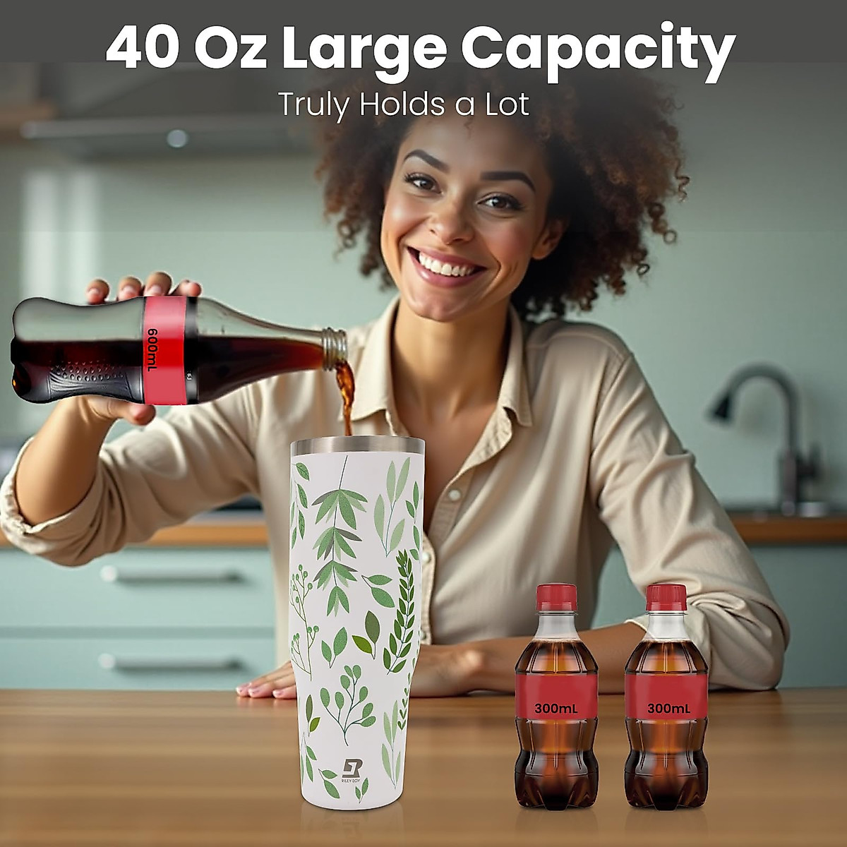 Riley Joy 40 oz 2.0 Stainless Steel Tumbler with Leak-Proof Lid and Straw, Double-Wall Vacuum Insulated Travel Mug for Coffee, Iced Tea, or Water - Ideal for Commutes and Outdoor