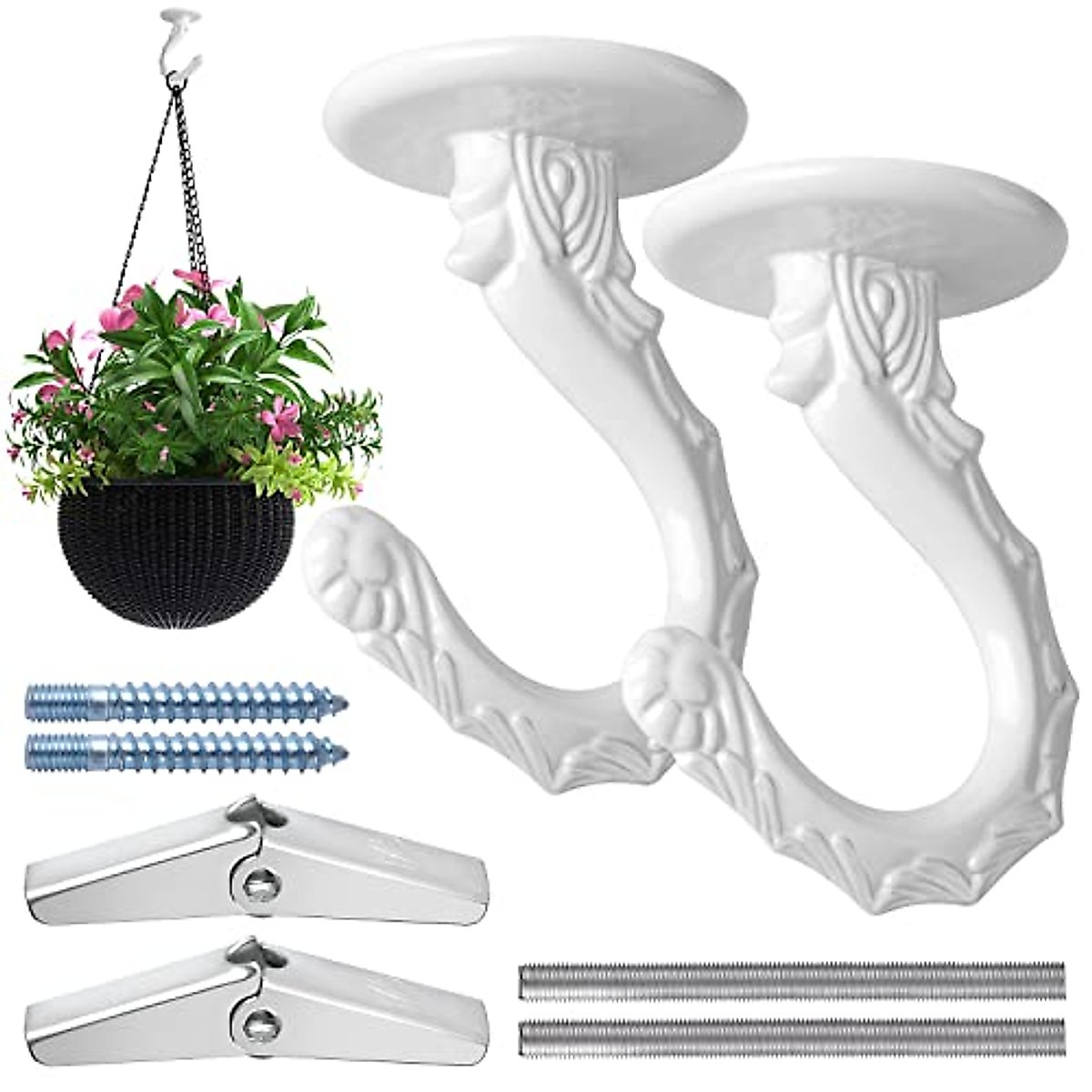通用 Swag Hooks for Ceiling Hanging, 2 Set Ceiling Hooks for Hanging Plants, Metal Material, Hanging Screws with Beautiful Totems (White)