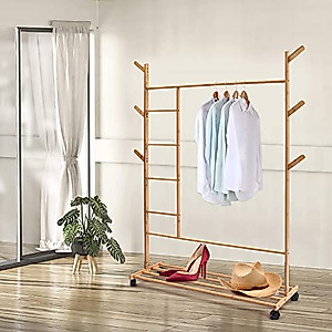 43.3" Bamboo Clothing Garment Rack, Clothes Coat Hanger w/6 Side Hooks Combo, Free Standing Closet Organizer Rack Entryway Bedroom Storage Shelves Clothes Hanging Rack With 360°Rotation Roller Wheels