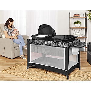 Dream On Me Lilly Deluxe-Playard in Black & White with Full Bassinet, Changing Tray and Infant Bassinet | with Canopy | Waterproof Fabric | JPMA Certified | Lightweight