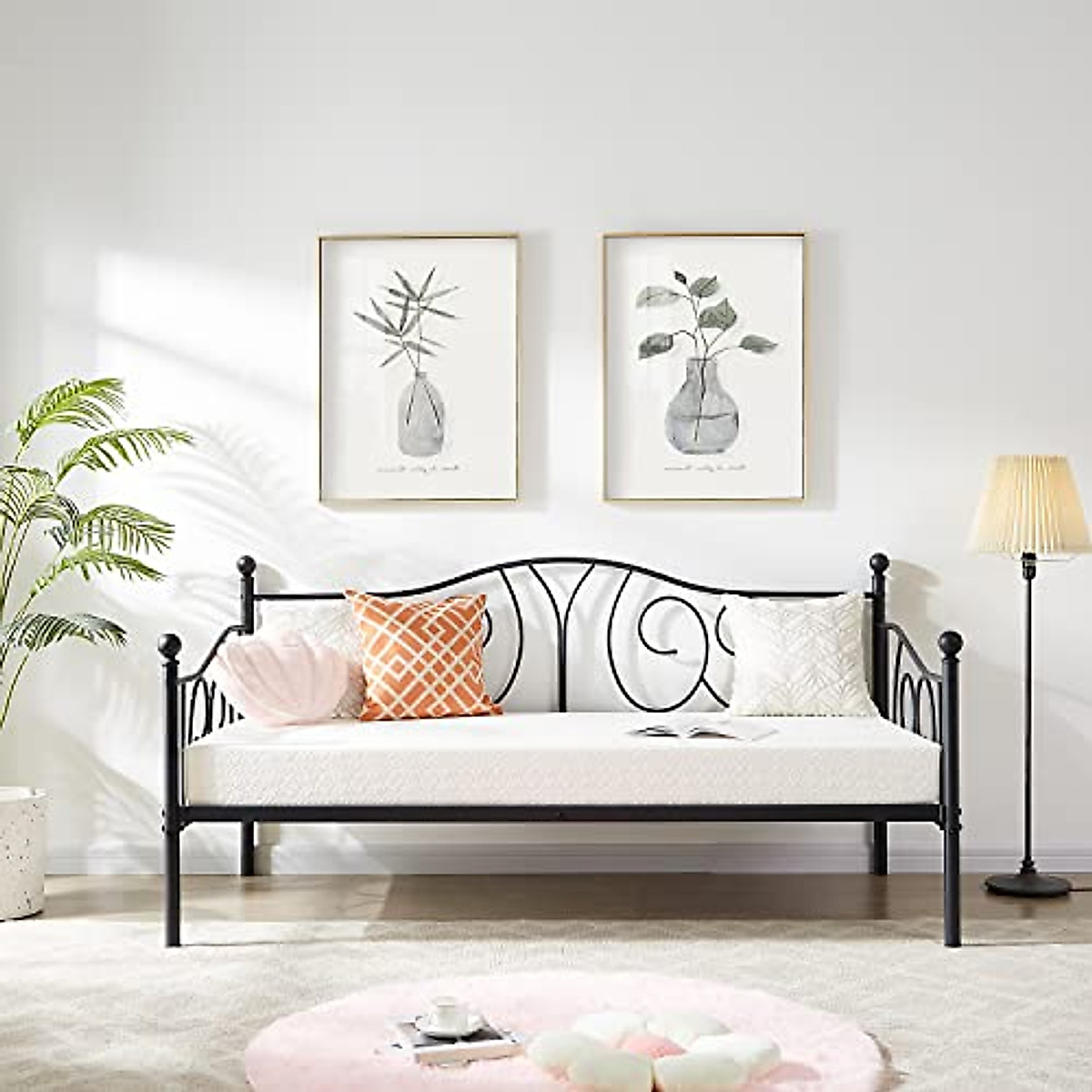 VECELO Metal Daybed Frame Multifunctional Platform Bed Sofa Mattress Foundation with Deluxe Headboard, Twin, Black