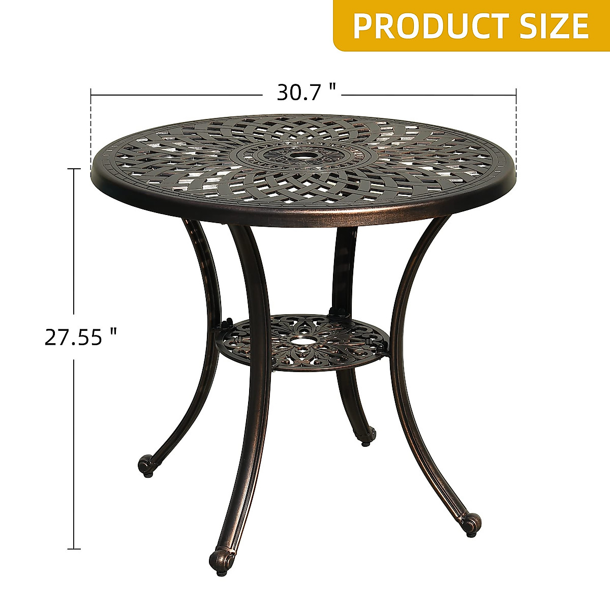 DWVO 30 Inches Round Patio Dining Table with Umbrella Hole, Antique Cast Aluminum Outdoor Bistro Table Outdoor Side Table for Backyard, Garden, Patio, Porch, Hammered Bronze