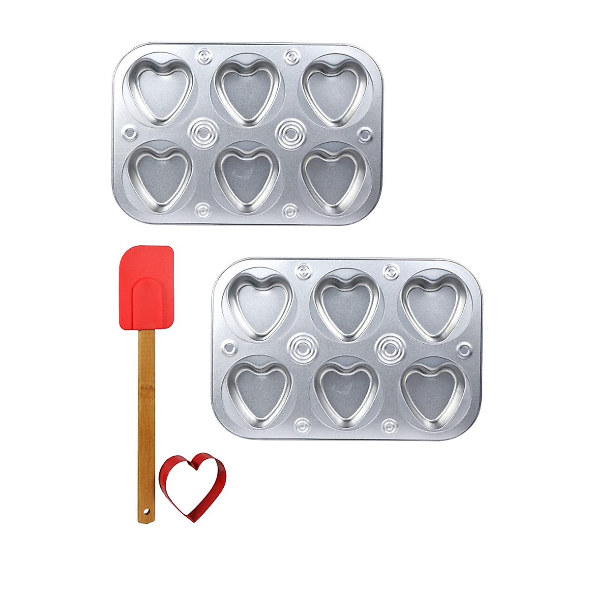 SG- (2) Heart shaped non-stick Muffin pan tin Cookies Jell shots soap corn bread **Bonus - Bamboo spatula & heart cookie cutter