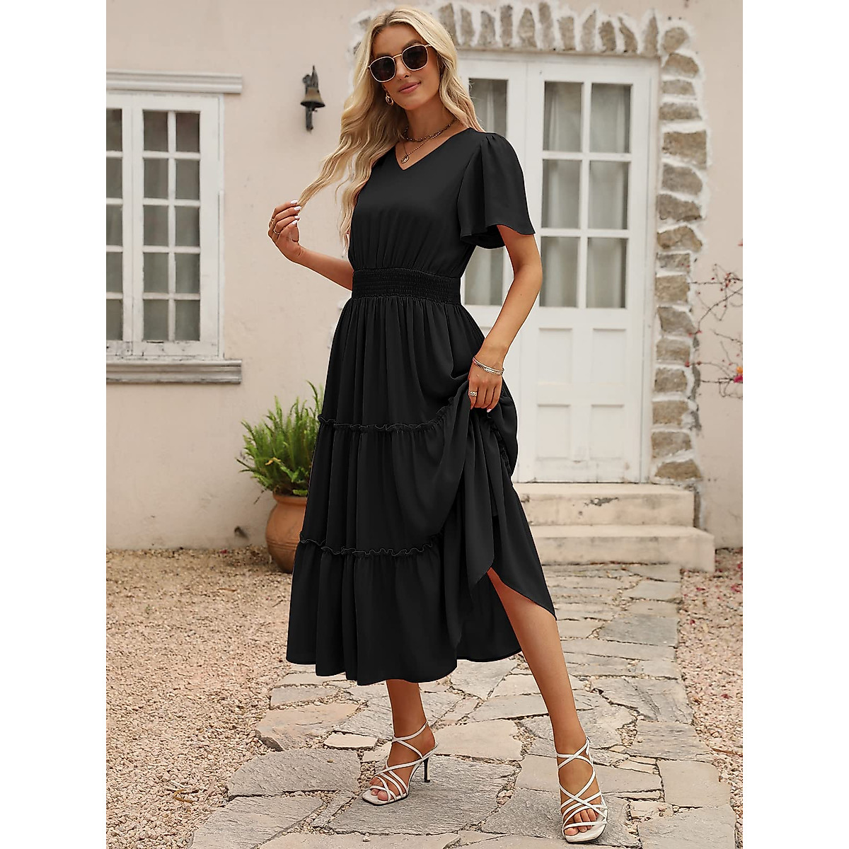 LILLUSORY Womens Cute Pleated Cotton Fancy Midi Dresses 2023 Summer Little Black Ladies Elegant Linen Curvy Short Ruffle Sleeves Flowy Tiered Long Maxi Dress