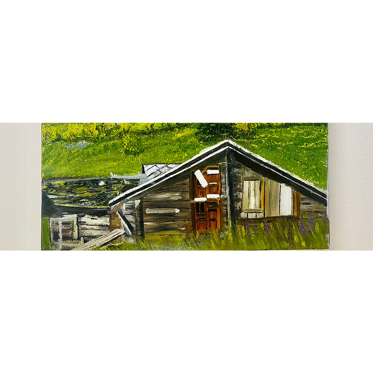 Handmade oil painting on Cotton canvas, Mountain And old House Green And Brown 100% Hand painted,Modern Artwork For Living Room.''20x16''