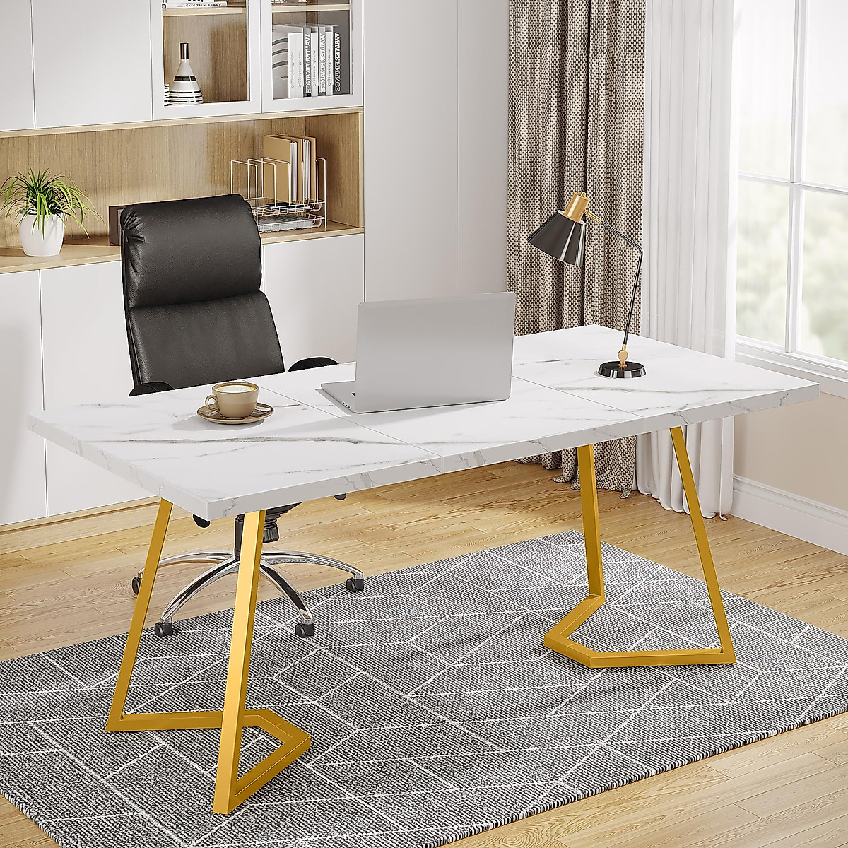 Tribesigns Modern Gold Computer Desk: 55 Inches White and Gold Home Office Desk with Metal Legs, Faux Marble Study Writing Table for Small Spaces, Simple Desk for Bedroom