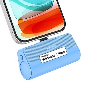 KKD Portable Charger for iPhone, Built-in MFi Certified Plug, 5000mAh Small Portable Phone Charger Power Bank for iPhone 14/13/12/11/XR/X/SE/8/7/6/6s/Pro Max/Plus,AirPods,iPad,Blue