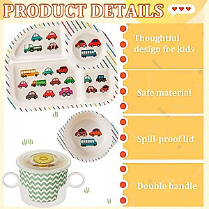 Roshtia 10 Pcs Cartoon Bamboo Kids Dinnerware Set Dinosaur Car Plate and Bowl Set Dishwasher Safe Kids Dish Set Toddler Plates and Utensils Set Car Dinosaur Forks and Spoons for Kids with Cup